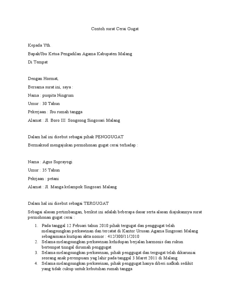 Contoh Surat Cerai Gugat | PDF