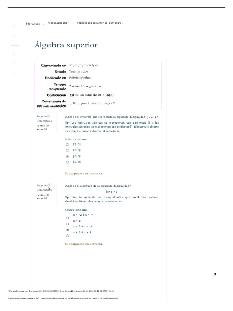 Modalidad de Ex Menes Semana 6 Revisi N Del Intento PDF | PDF | Intervalo (Matemáticas ...
