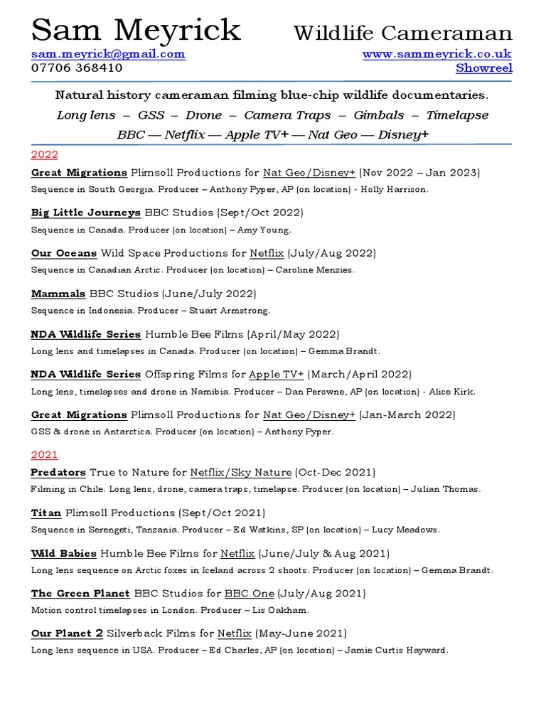 Sam Meyrick CV | PDF | Television | Bbc