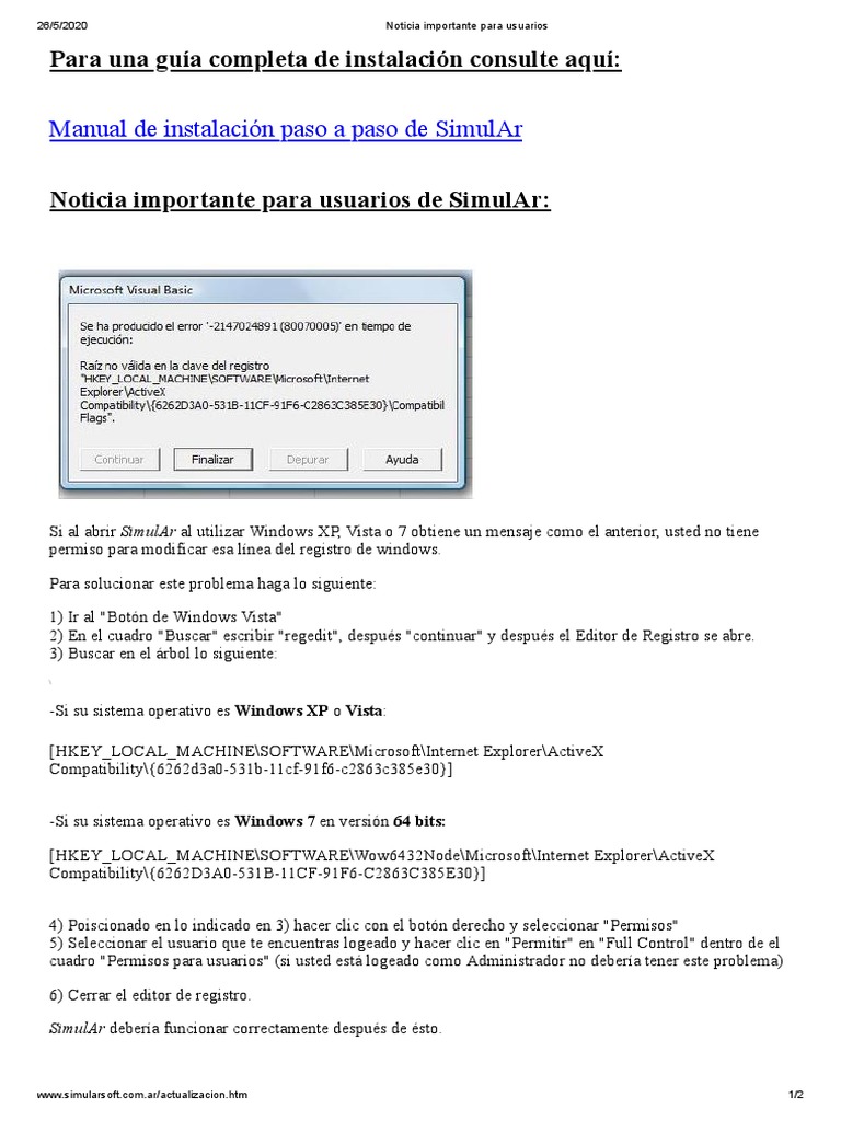 Solución a Errores de SimulAr en Windows | PDF | Windows XP | Windows Vista