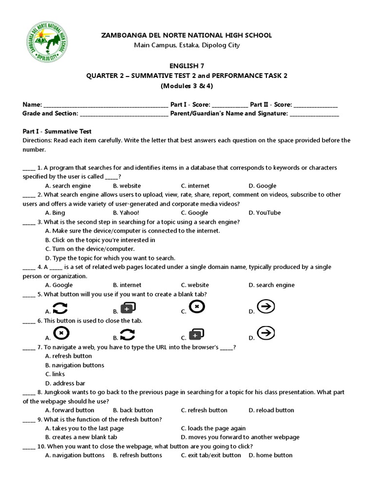 English 7 Summative Test & Performance Task | PDF | Websites | Internet