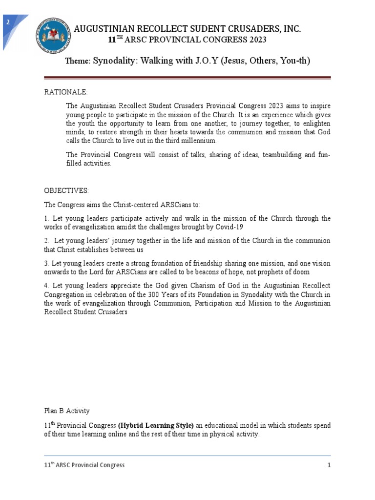 ARSC Provincial Congress 2023: J.O.Y Theme | PDF | Eucharist | Catholic ...