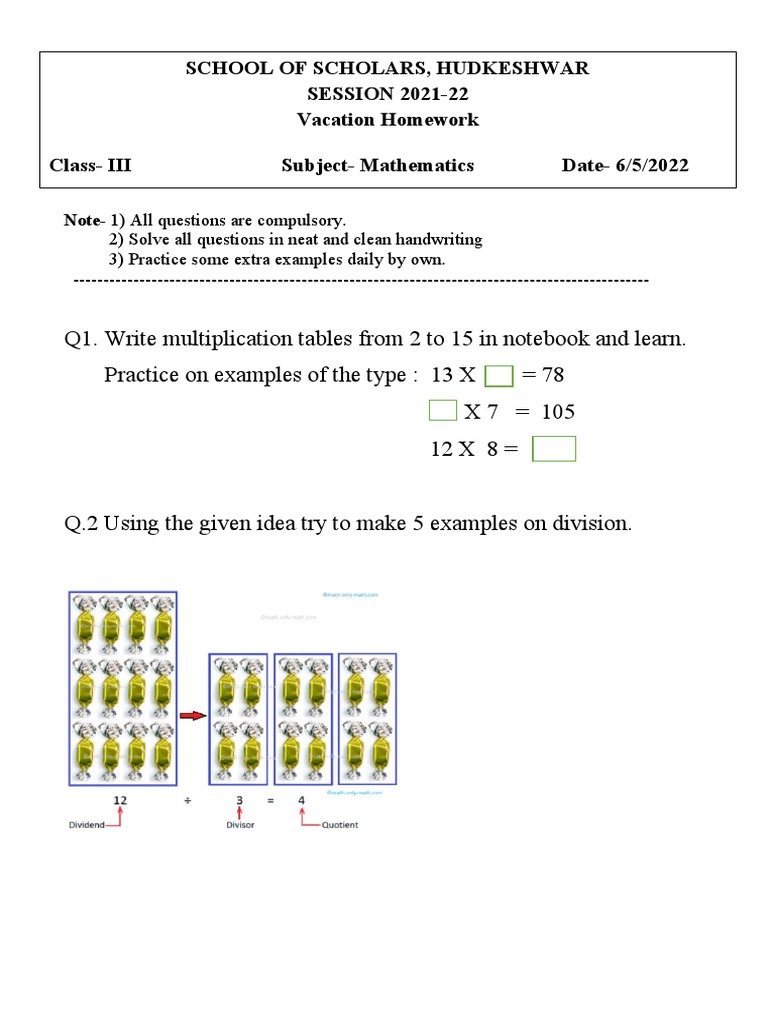 Vacation Homework STD 3 - Maths | PDF