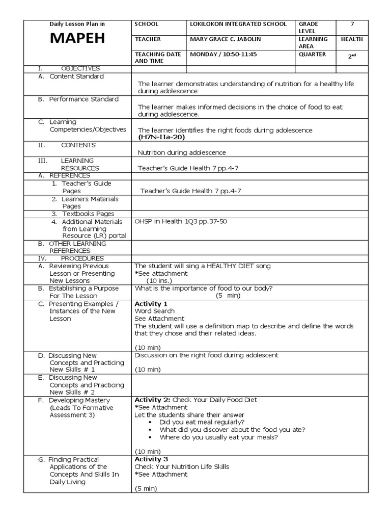 LP Health 7-Q2 | PDF | Learning | Lesson Plan
