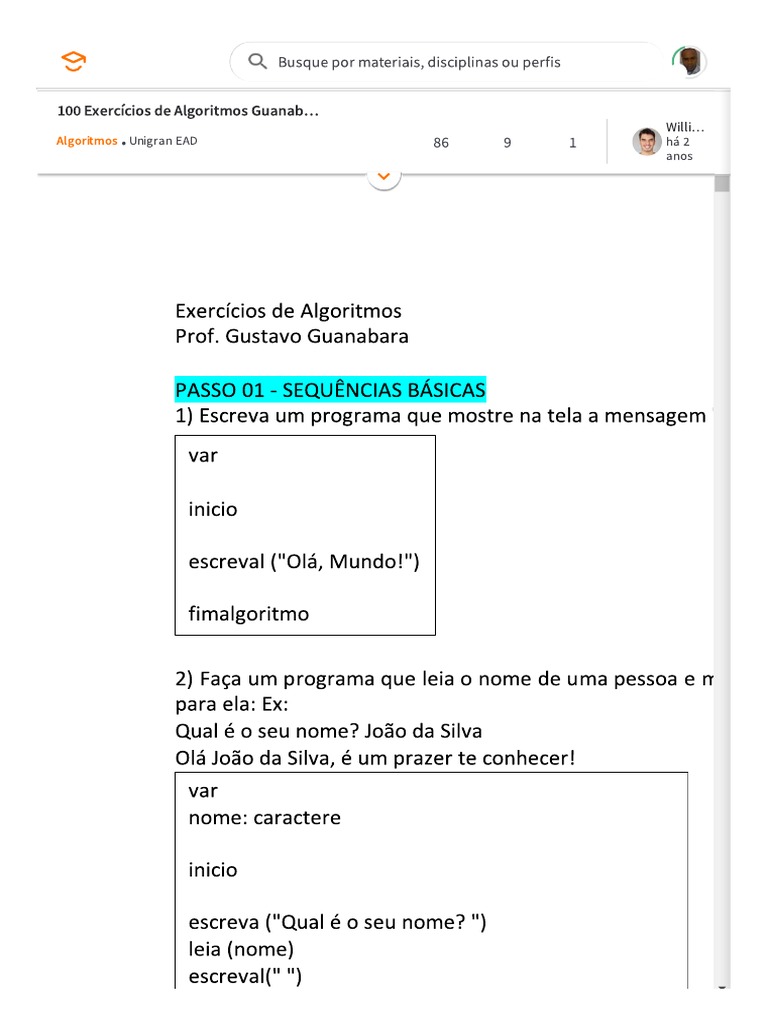 100 Exercícios de Algoritmos Guanabara - RESOLVIDOS - Passei Direto | PDF