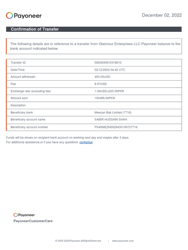 Payoneer Transfer Receipt 89910-89 | PDF