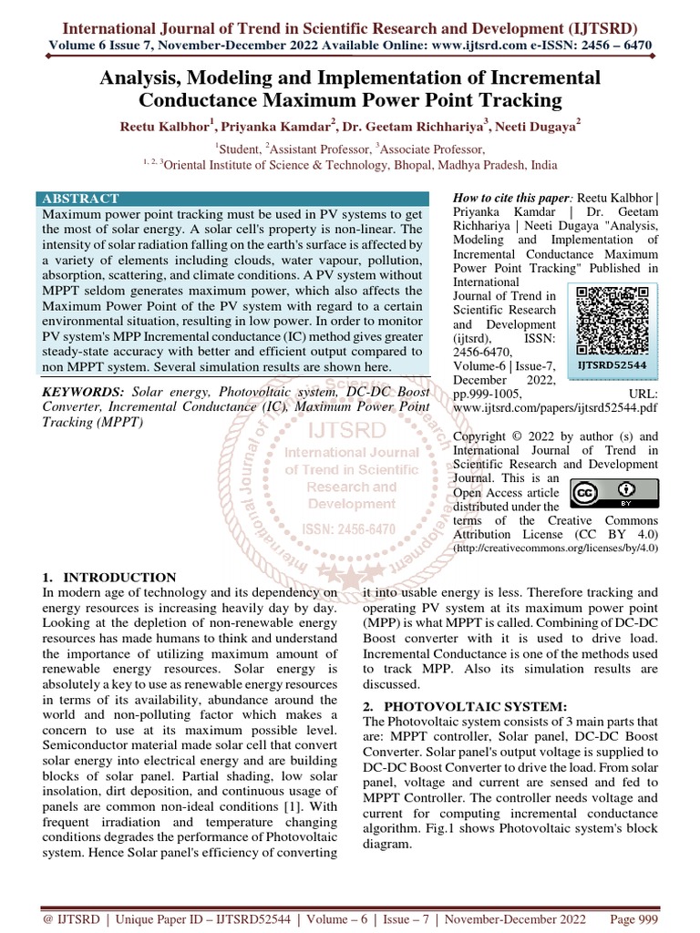 Analysis Modeling And Implementation Of Incremental Conductance Maximum Power Point Tracking