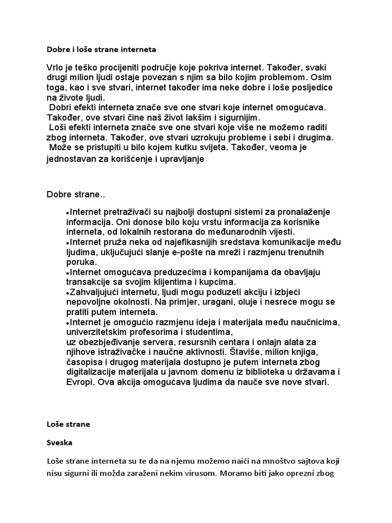 Dobre I Loše Strane Interneta | PDF