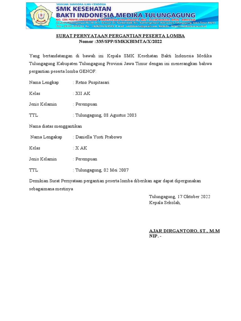 Surat Pernyataan Pergantian Peserta Lomba | PDF