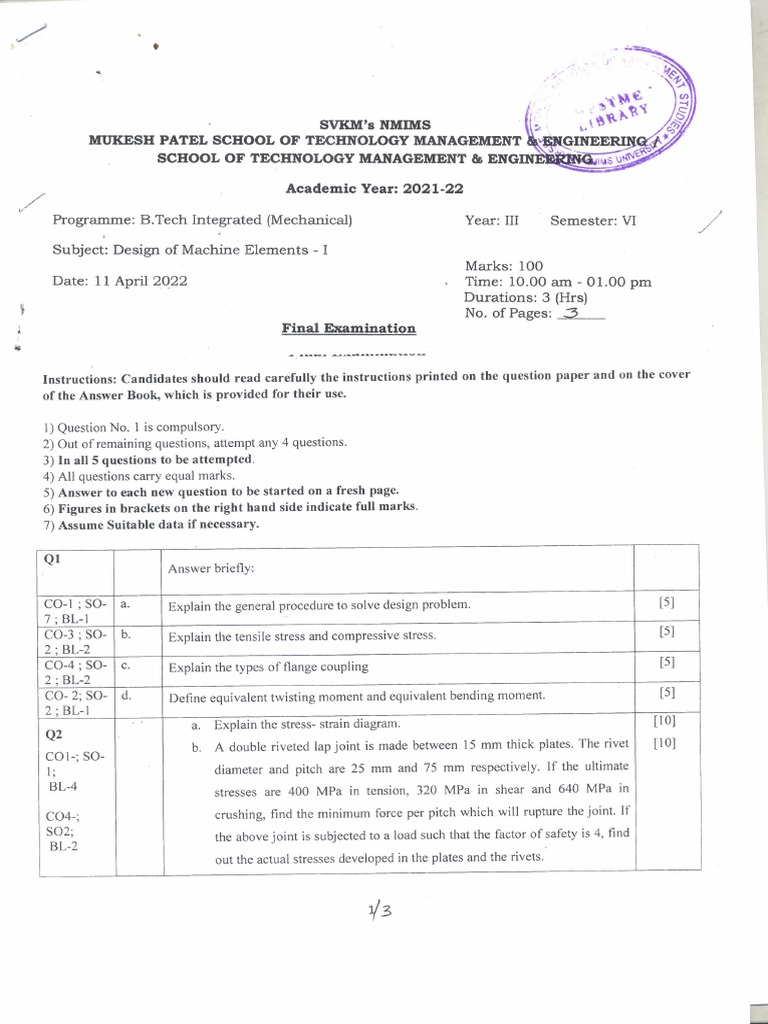 Design of Machine Elements I 2021-22 Final0001 nXWeMOxfGD | PDF