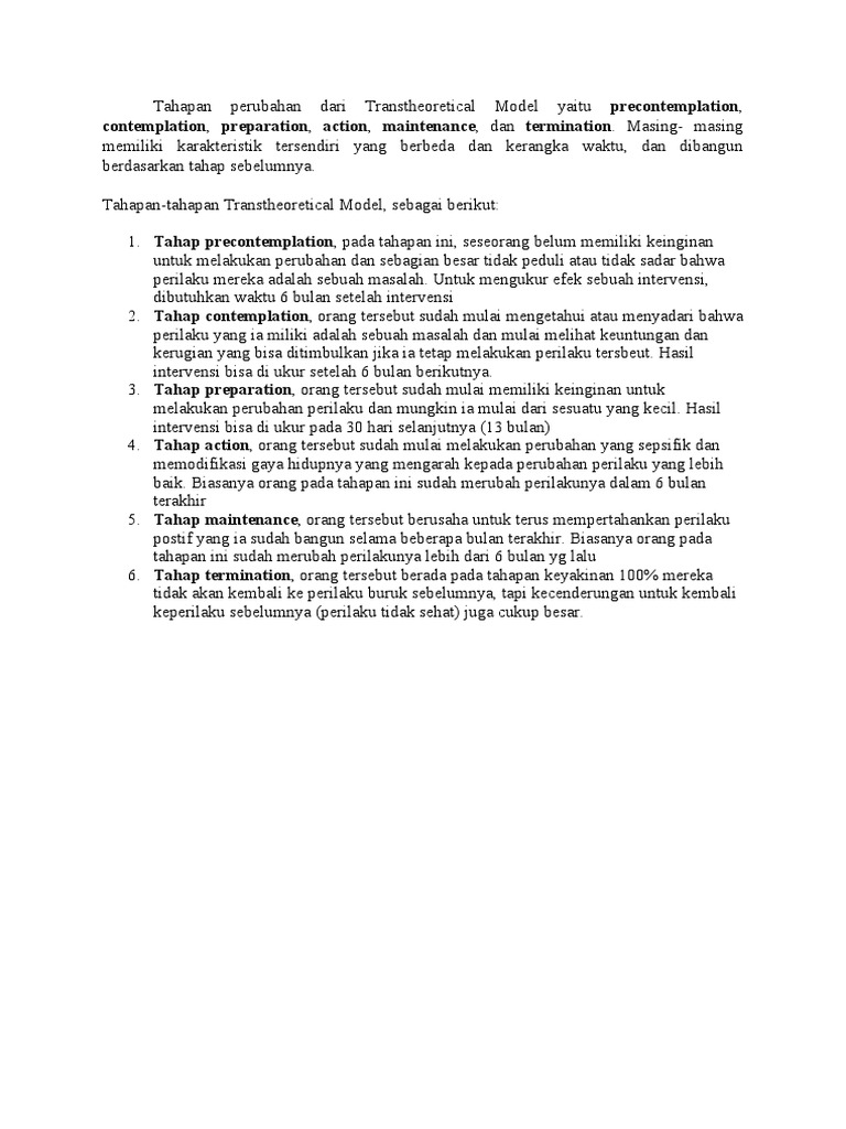 Tahapan Perubahan Dari Transtheoretical Model (TTM) | PDF