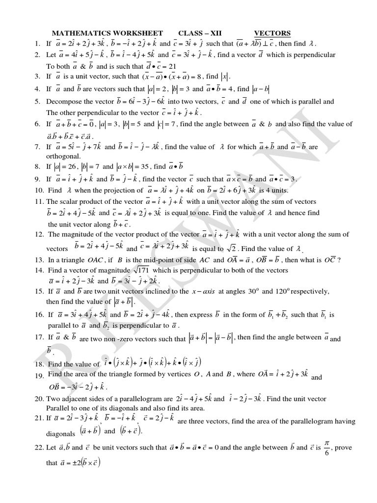 MATHEMATICS WORKSHEET Vectors | PDF | Euclidean Vector | Area