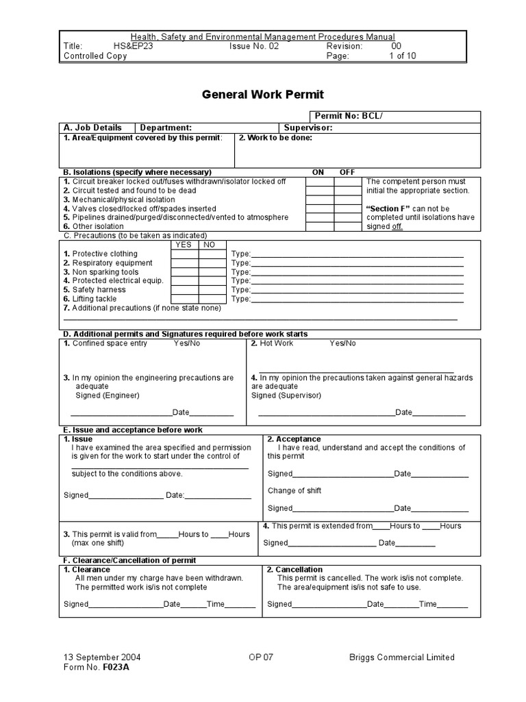 General Work Permit Procedure | PDF | Safety | Occupational Safety And ...