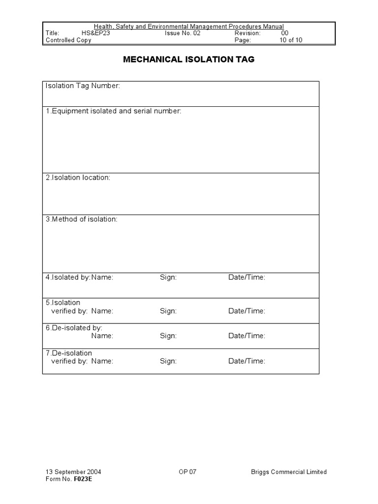 F023E Mechanical Isolation Tag | PDF | Law | Home & Garden