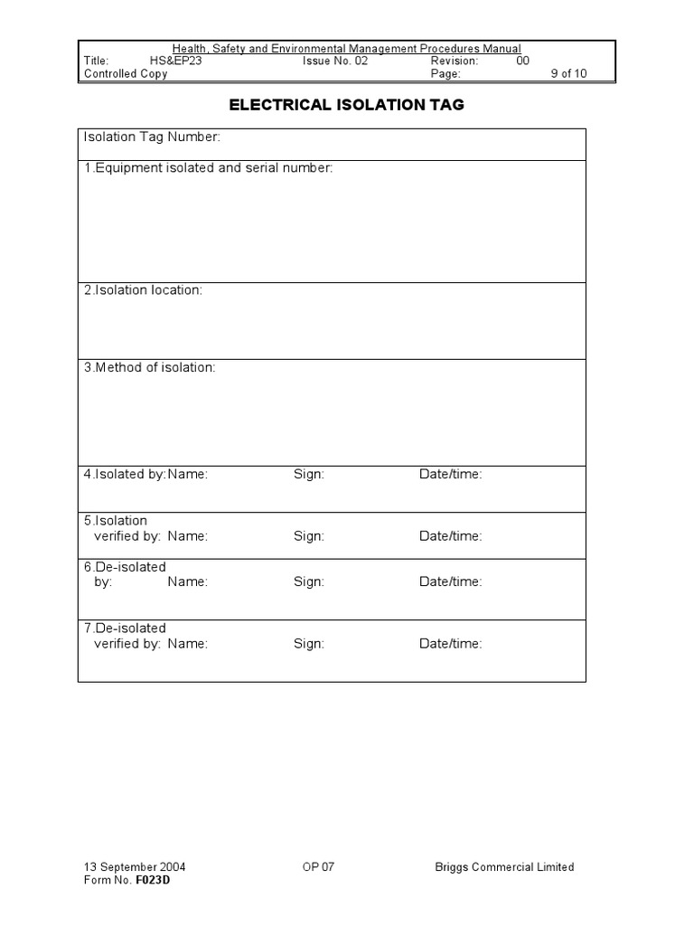 F023D Electrical Isolation Tag | PDF F023D Electrical Isolation Tag | PDF