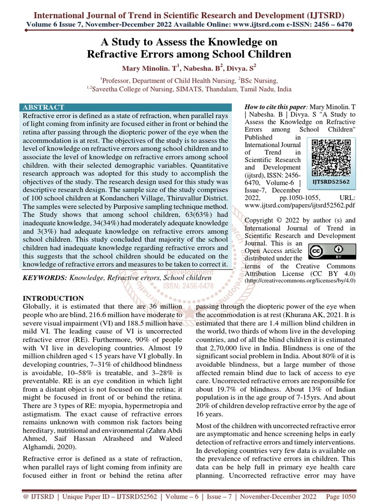 A Study To Assess The Knowledge On Refractive Errors Among School Children | PDF | Myopia ...