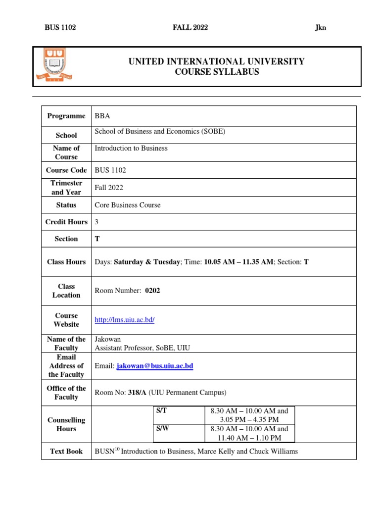 Course Outline For ItB (BUS 1102) (Section - T) - Fall 2022 - JKN | PDF ...