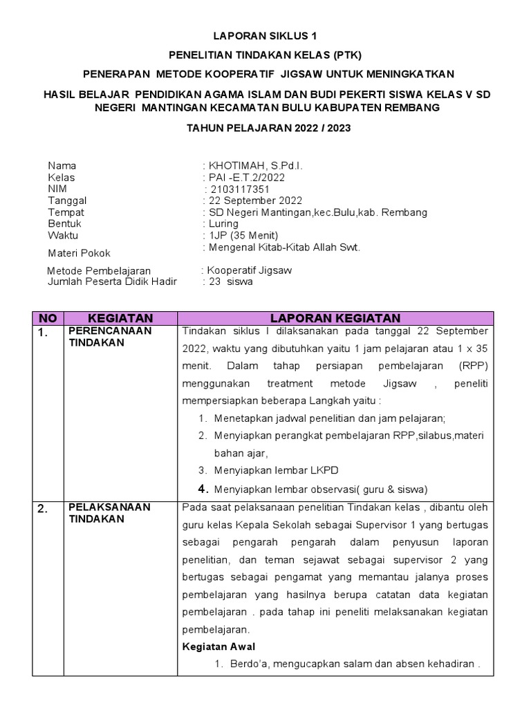 Laporan Ptk Siklus 1 Pdf