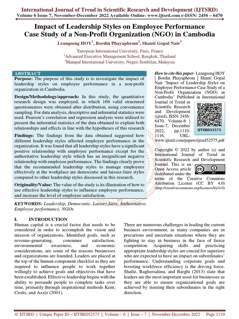 Impact of Leadership Styles On Employee Performance Case Study of A Non ...