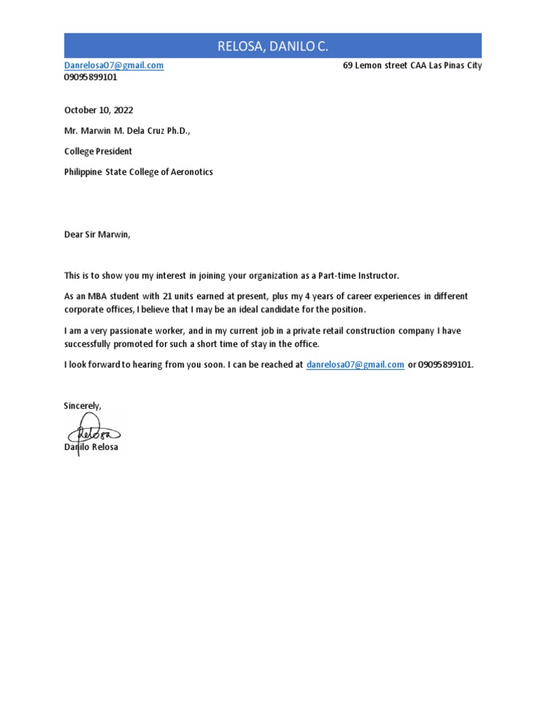 Cover Letter - RELOSA, DANILO | PDF | Career & Growth | Business