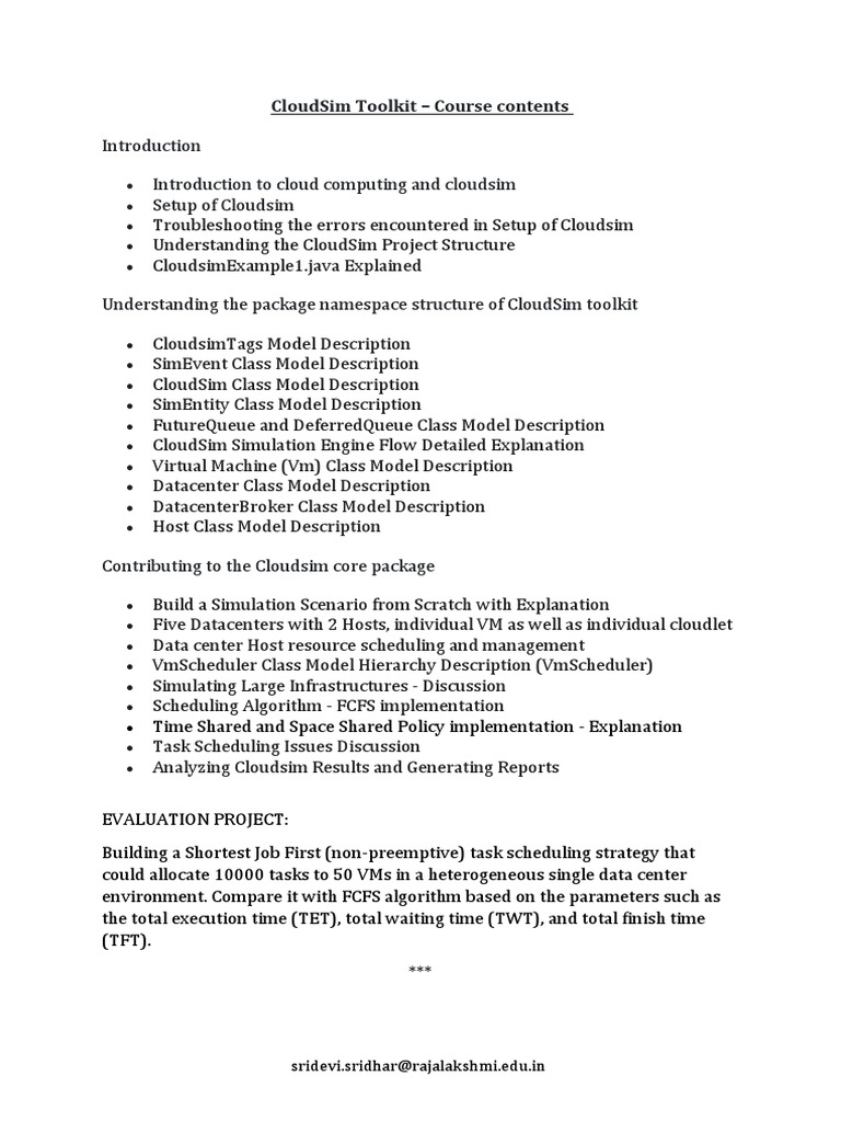 Cloudsim Toolkit - Course Contents | PDF