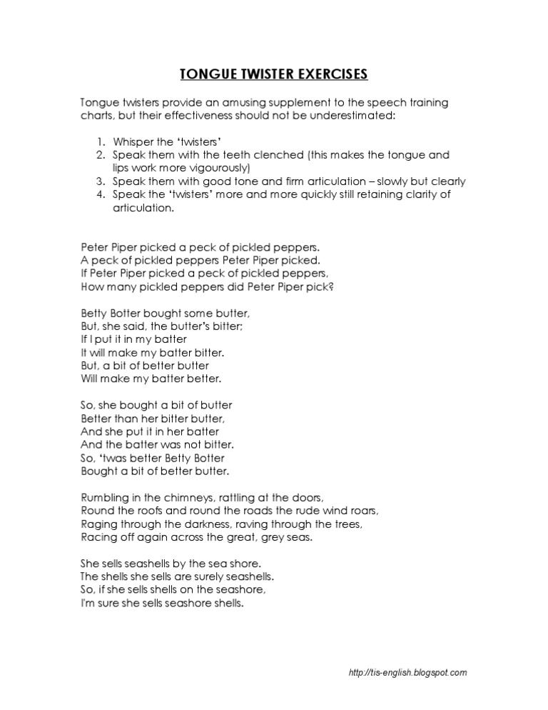 Tongue Twister Exercises | PDF | Linguistics