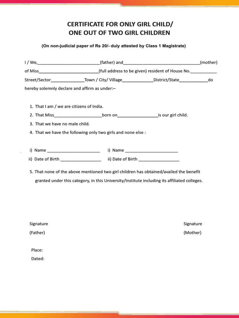 Certificate For Single Girl Child | PDF
