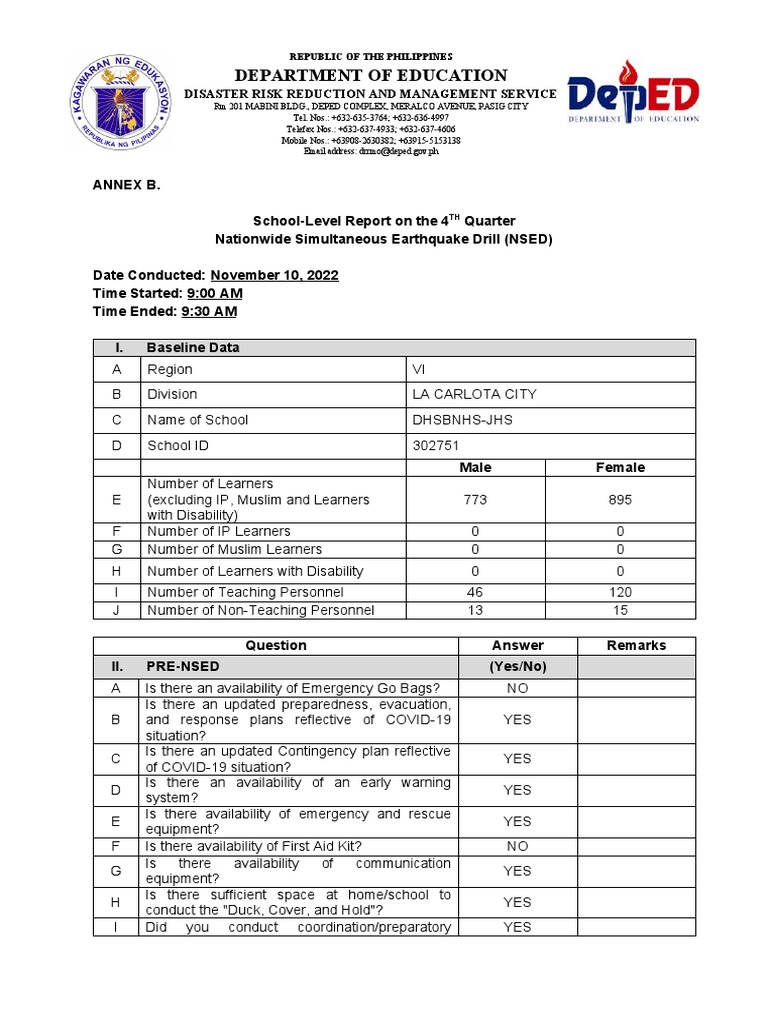 Annex B. School Level Report On The 4th Quarter NSED | Download Free ...