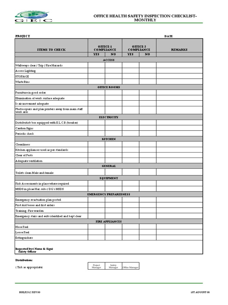 HSE-F-312 Office Health and Safety Checklist | PDF
