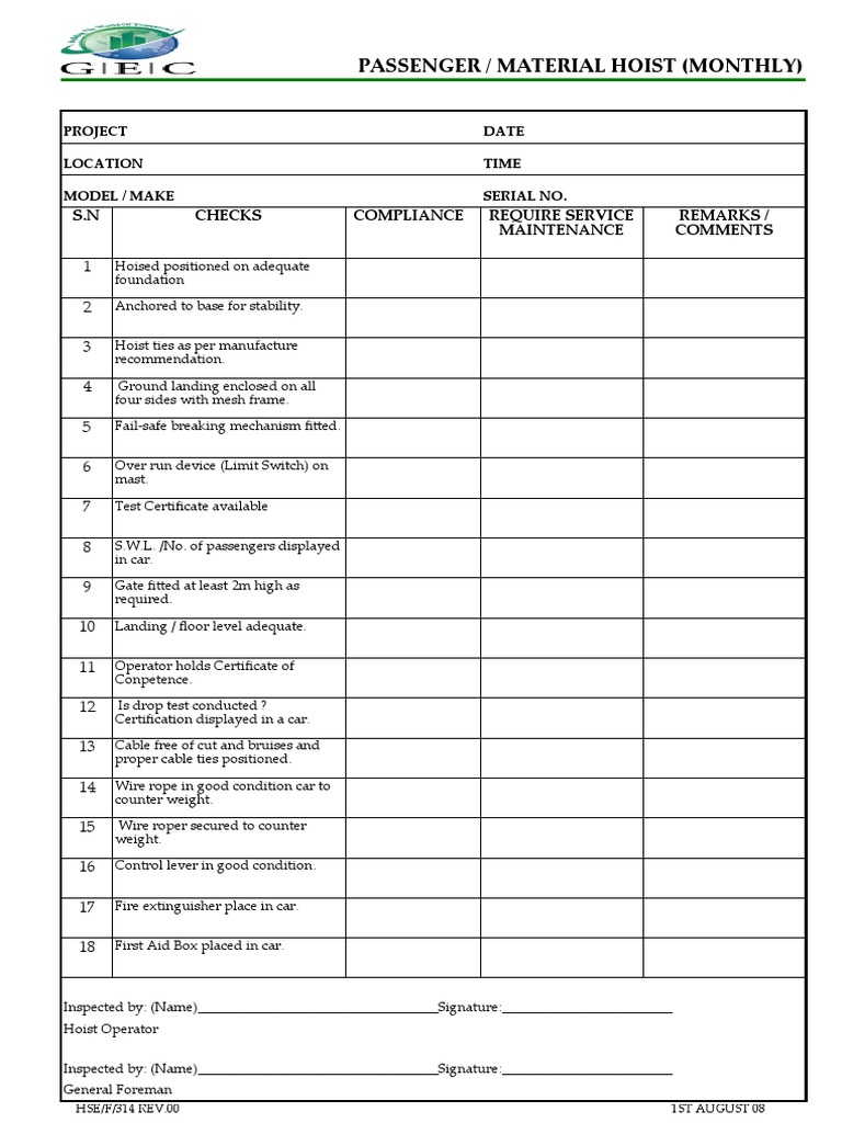 Monthly Hoist Inspection Checklist Form