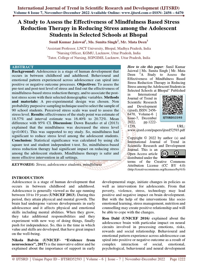 A Study To Assess The Effectiveness Of Mindfulness Based Stress