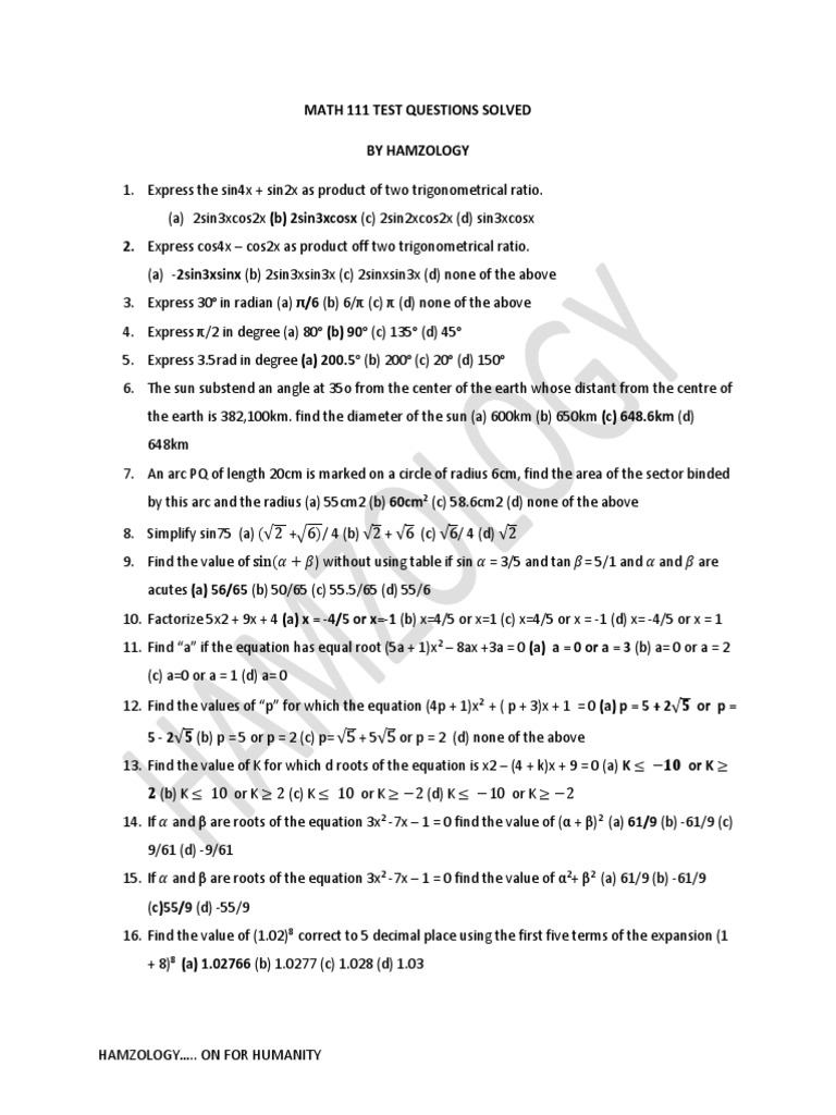 Math 111 Test Questions and Solutions | PDF | Mathematics ...