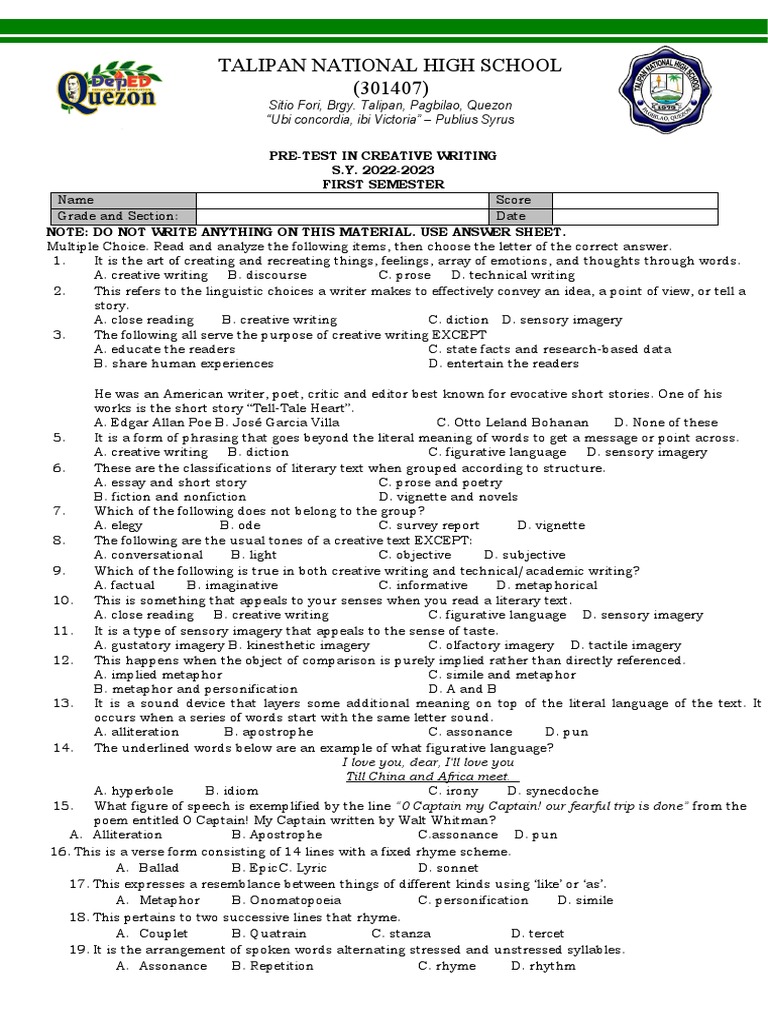 Creative Writing Pre-Test 2022-2023 | PDF | Poetry | Poetic Devices