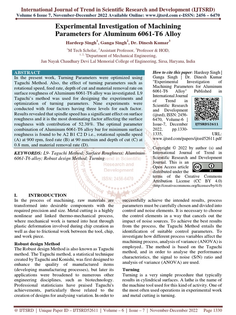 Experimental Investigation Of Machining Parameters For Aluminum 6061 T6 Alloy Pdf Metals