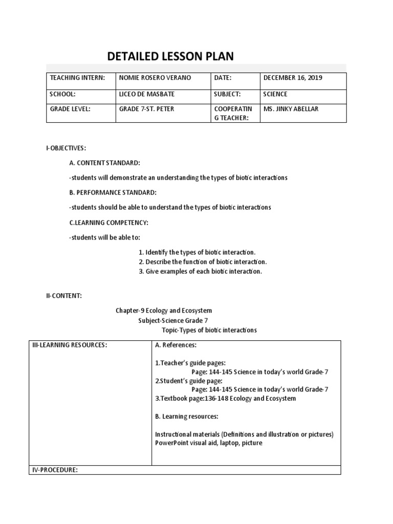 Detailed Lesson Plan | PDF | Symbiosis | Parasitism