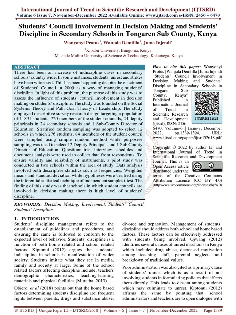 Students' Council Involvement in Decision Making and Students' Discipline in Secondary Schools ...