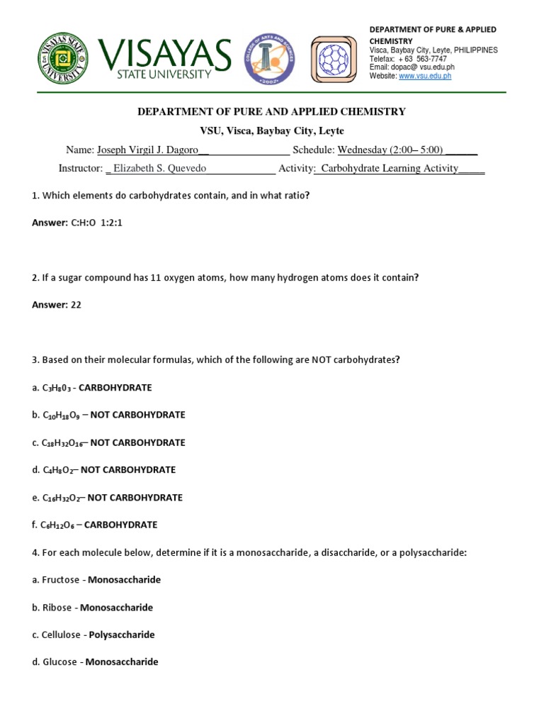 Biochem 137 Carbohydrate Worksheet | PDF | Carbohydrates | Glucose