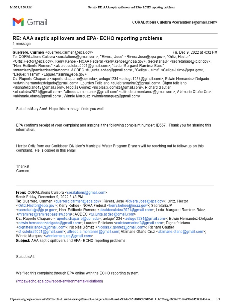 RE: AAA Septic Spillovers and EPA-ECHO Reporting Problems: 1 Message | PDF