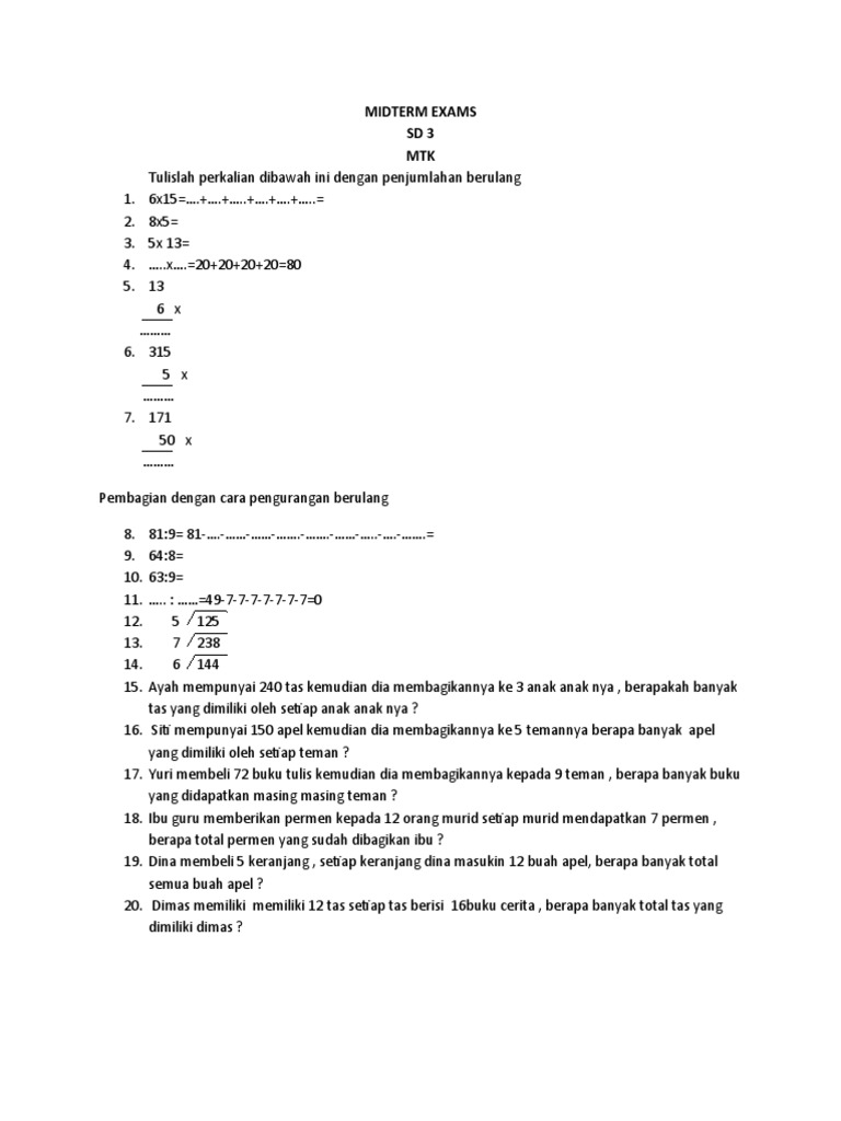 Midterm SD 3 MTK Soal | PDF | Metode & Bahan Ajar | Griya & Taman