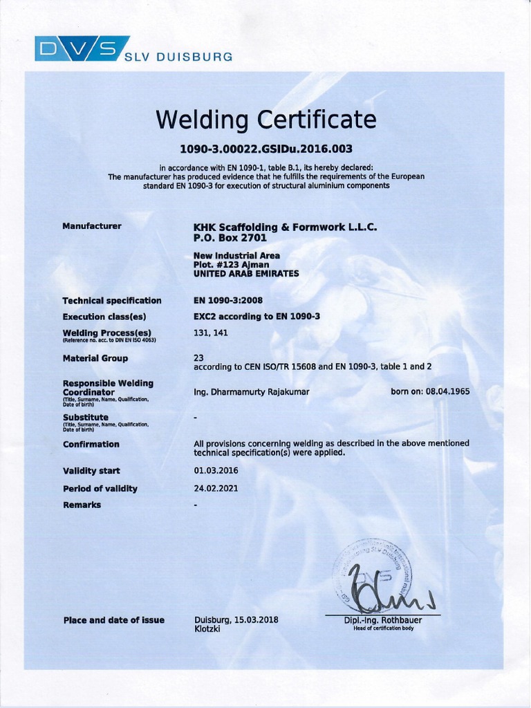 Welding Certificate 1090 3.00022 | PDF