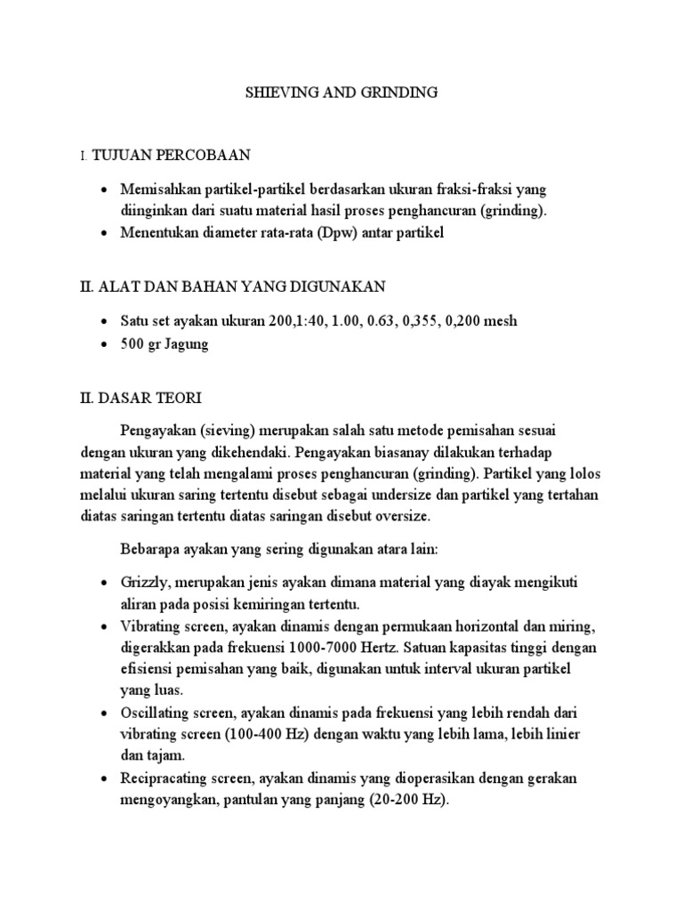 Pengayakan dan Diameter Partikel Jagung | PDF | Metode & Bahan Ajar