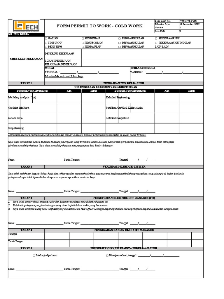 Form Permit To Work Cold Work | PDF
