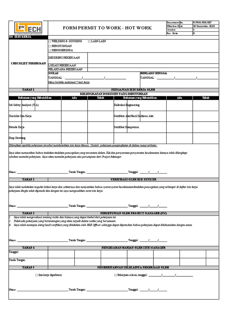 Form Permit To Work Hot Work | PDF