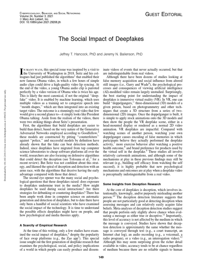HANCOCK - BAILENSON (2021) The Social Impact of Deepfakes | PDF