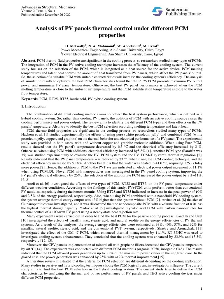 Analysis of PV Panels Thermal Control Under Different PCM Properties | PDF | Heat Transfer ...