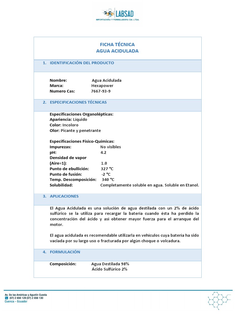 Ficha Técnica Agua Acidulada | PDF | Agua | Destilación