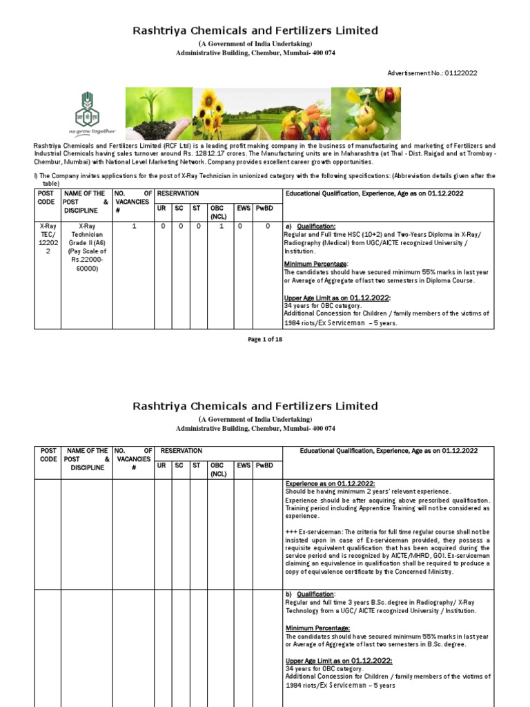Notification RCFL X Ray Technician Post | PDF | Image Scanner | Identity Document