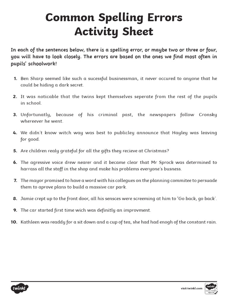 Common Spelling Errors Worksheet 2 | PDF