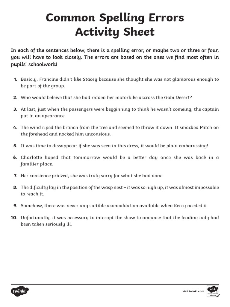 Common Spelling Errors Worksheet 3 | PDF