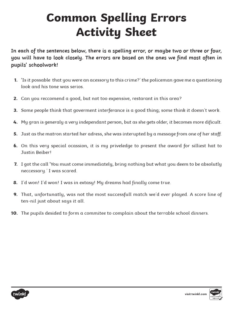 Common Spelling Errors Worksheet 4 | PDF